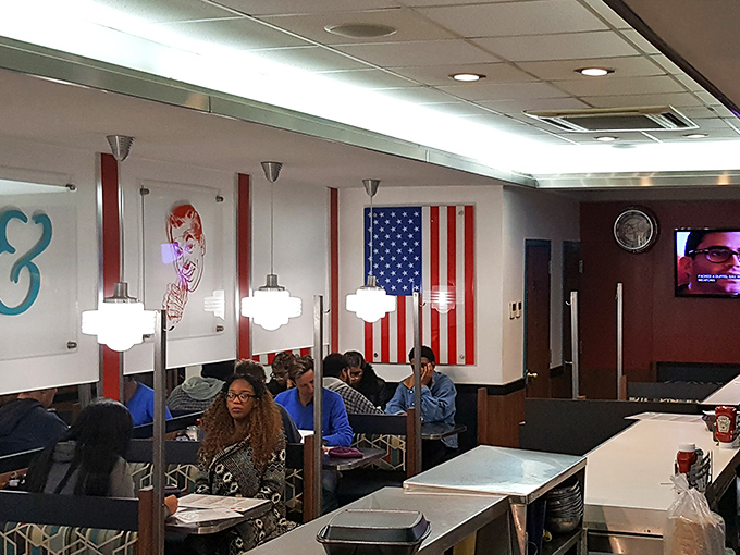 American flags and retro decor create that perfect backdrop for conversations that range from neighborhood gossip to solving the world's problems over endless coffee.