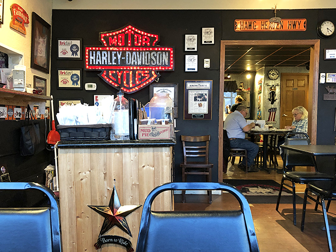 Motorcycle culture meets barbecue brilliance. That Harley sign isn't just decoration &ndash; it's a lifestyle statement that pairs perfectly with slow-cooked meat.