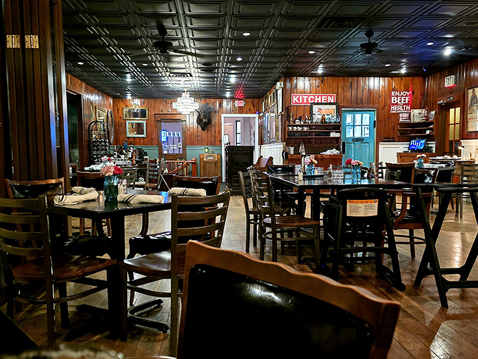 Wood-paneled walls, tin ceiling, and tables set for memorable meals&mdash;this dining room has witnessed countless celebrations, proposals, and everyday moments made special.