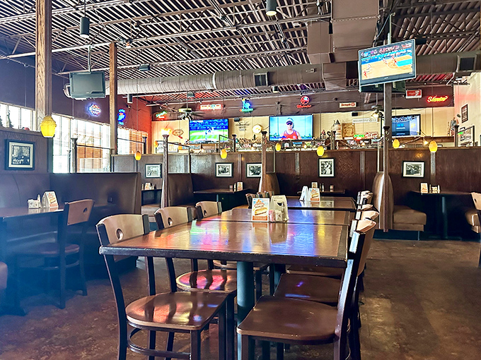 The tap room offers a casual vibe with plenty of screens for game day. Those wooden tables have witnessed countless celebrations and commiserations.