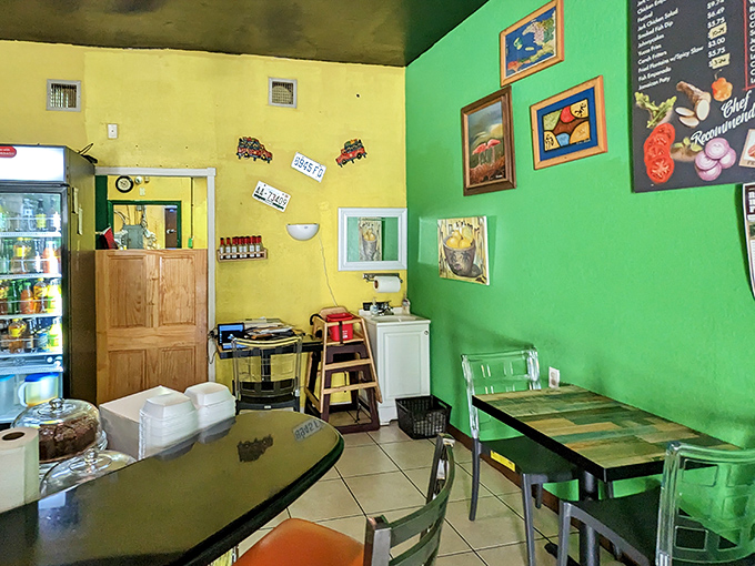 Colorful walls, simple seating, and incredible food&mdash;the only interior design elements that truly matter here.
