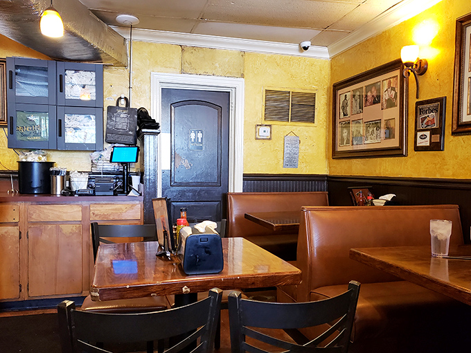 Yellow walls and wood trim create a sunny disposition, even on cloudy days. This corner of the restaurant feels like Sunday dinner at grandma's.