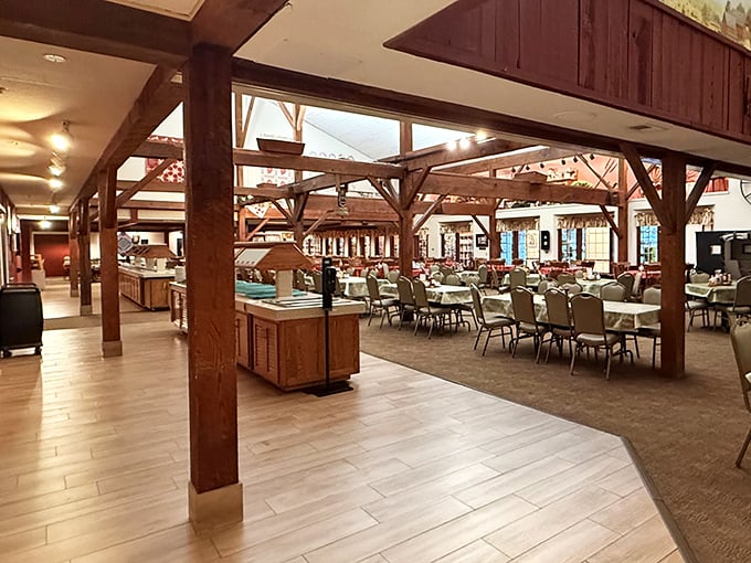 The spacious dining area somehow maintains intimacy, like your favorite aunt's kitchen mysteriously expanded to accommodate the entire family reunion.