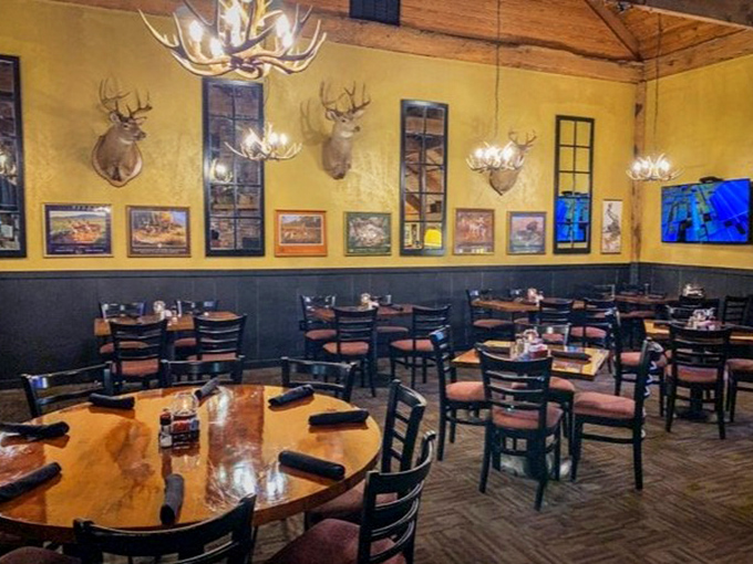 Deer heads and antler chandeliers watching over diners like nature's own dinner theater.