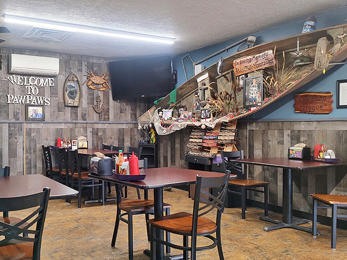That stairway display of fishing memorabilia tells stories better than any fancy art installation ever could.