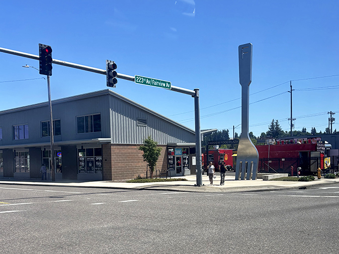 Located at a busy intersection, the giant fork serves as Fairview's most unusual traffic landmark &ndash; "Turn left at the enormous utensil!"