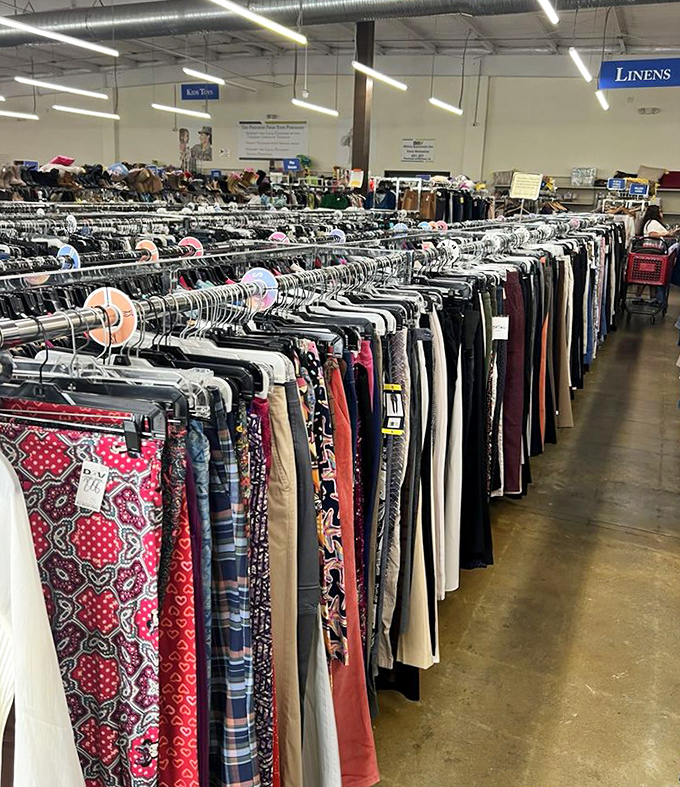 The textile forest where fashion dreams come true. Miles of pants, skirts, and dresses create a rainbow of possibilities for savvy shoppers.