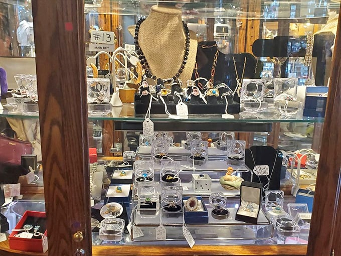 Behind glass doors, jewelry waits for second chances at love stories&mdash;each gemstone holding secrets of anniversaries and proposals past.