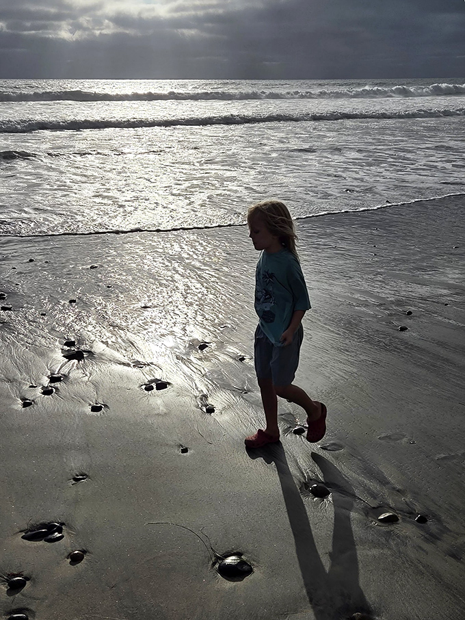 Young explorers discover the magic of where land meets sea. Those footprints in wet sand are childhood memories in the making.