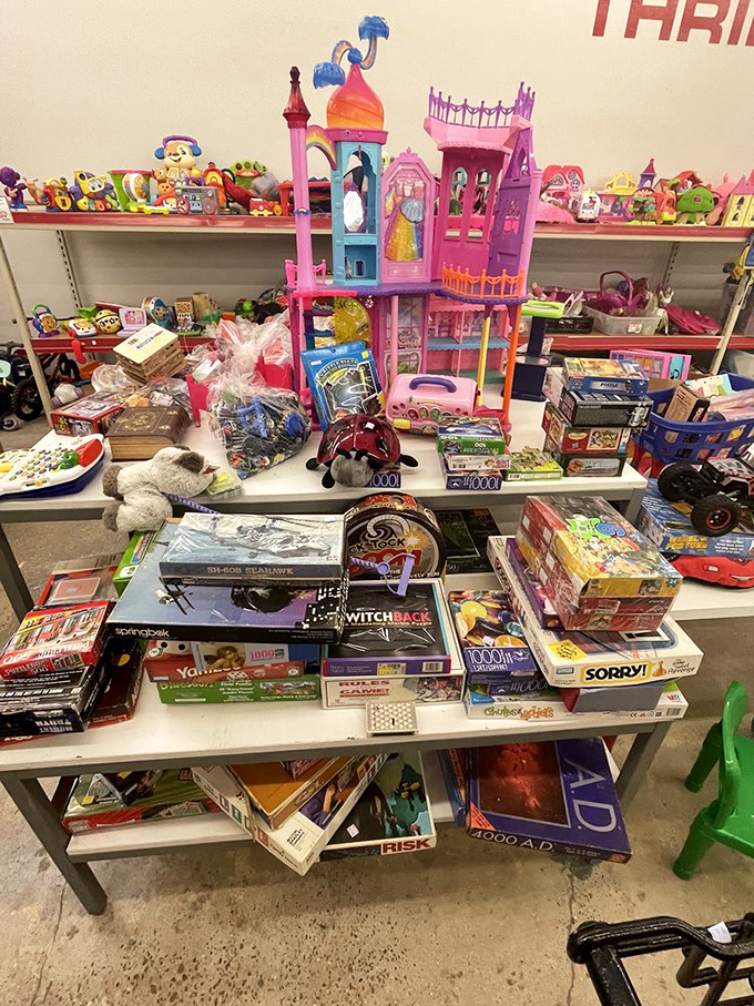 Toys and games stack up like Santa's workshop met a game show prize wall and had babies.