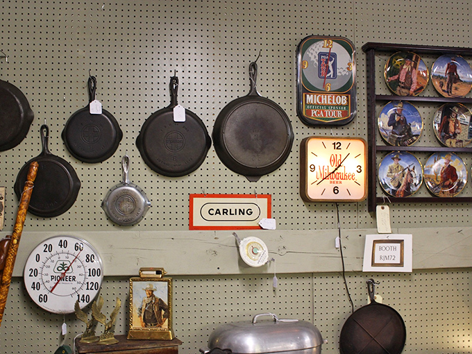 Cast iron skillets hang like badges of honor, seasoned with decades of family meals and ready for their next culinary adventure.