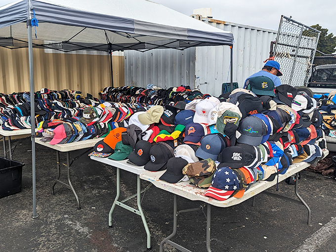 Hat heaven! Baseball caps from every team imaginable create a fabric mosaic of sports loyalty and sun protection possibilities.
