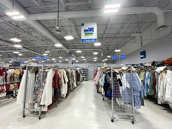 The linens section: a textile treasure trove where vintage tablecloths and modern bedding create a patchwork of possibilities.