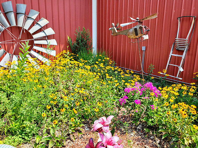 Even the garden outside celebrates vintage charm, with windmill blades spinning stories next to flowers that refuse to be rushed.