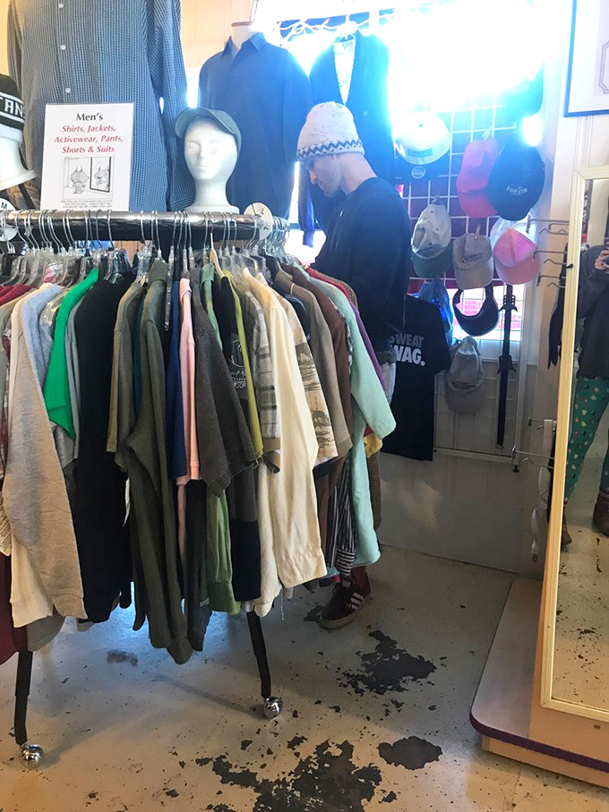 The men's section: where Hawaiian shirts go to retire and occasionally find second careers with dads at backyard barbecues.