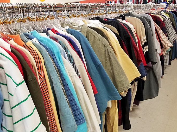 The men's shirt section&mdash;where Hawaiian vacation vibes meet business casual in a rainbow of second-chance style opportunities.