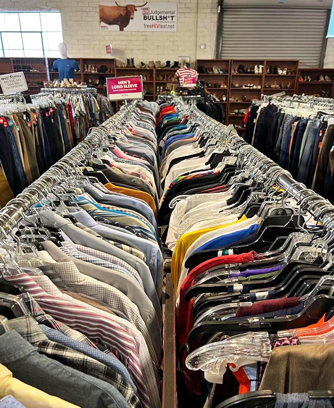The men's section stretches into infinity, offering everything from casual button-ups to surprisingly high-end dress shirts.
