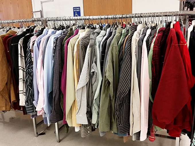 Men's shirts lined up like soldiers ready for inspection. That red one on the end might just become the star of your next casual Friday.