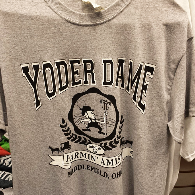 The "Yoder Dame" t-shirt proves that Amish country has a sense of humor that's as satisfying as their dessert menu.