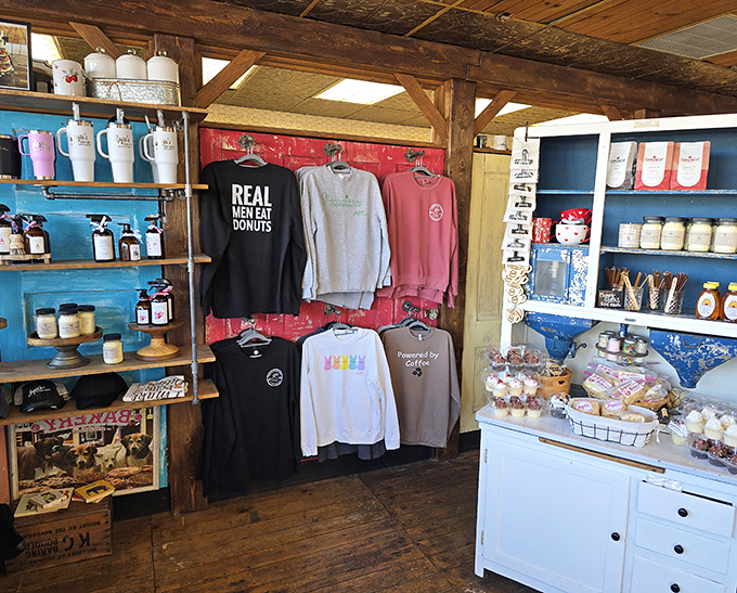 Real Men Eat Donuts isn't just a t-shirt&mdash;it's a life philosophy hanging in a bakery that understands the importance of sugar-based wisdom.