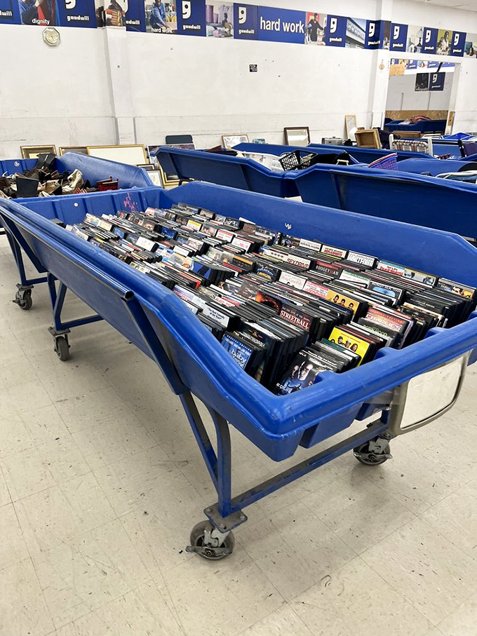 Vinyl records stacked like pancakes in these blue bins &ndash; musical treasures waiting for someone who appreciates analog warmth. 