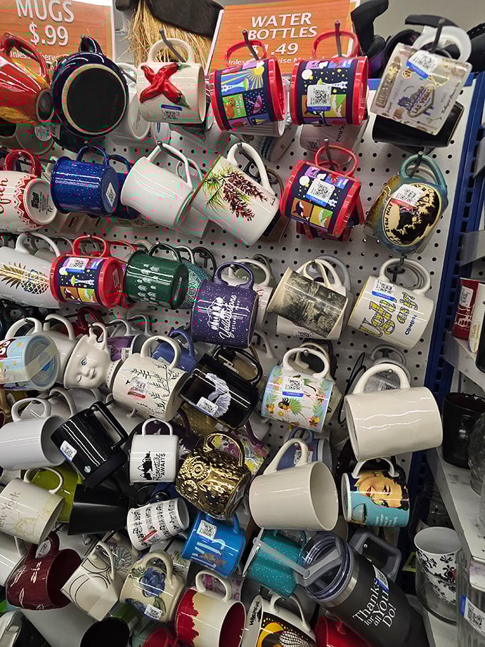 Mug collectors, shield your wallets! This pegboard of personality offers everything from tourist souvenirs to quirky sayings that will make your morning coffee more amusing.