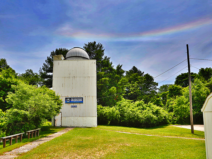 This curious observatory structure near the parkway stands like a sentinel from another era, watching travelers pass.