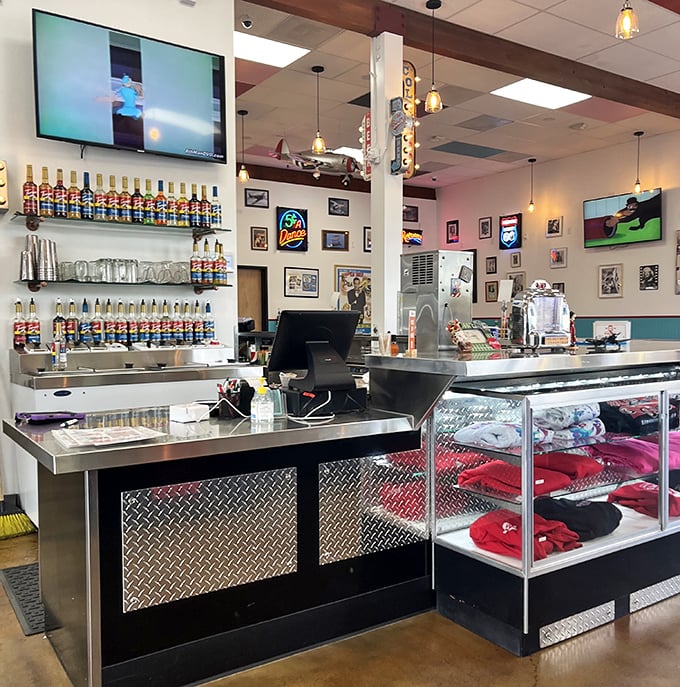 The command center of comfort food operations. Those flavor-filled syrup bottles stand ready like delicious soldiers awaiting their next mission.