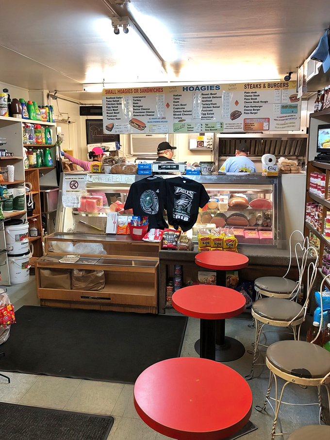 Philadelphia Eagles merchandise shares space with snack foods&mdash;this is a sandwich shop that bleeds green on game days.