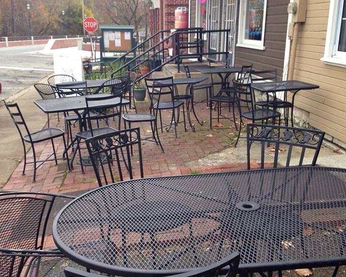 The outdoor seating area stands ready for fair-weather dining, where breakfast tastes even better with a side of fresh Ohio air.