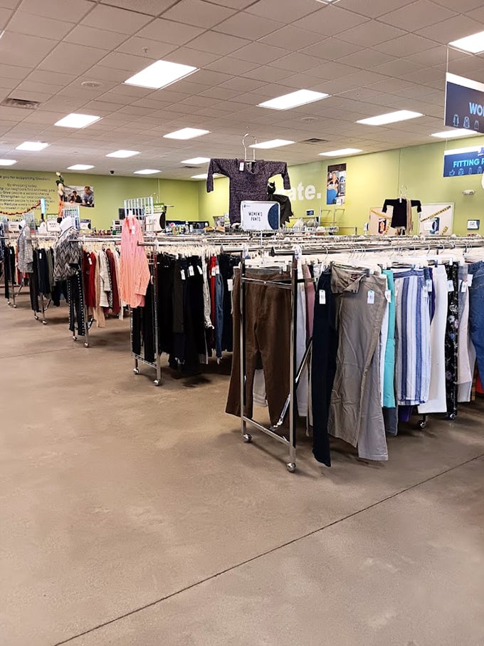 Clothing racks stretch toward the horizon, a rainbow of options for fashion-forward shoppers who understand style isn't about the price tag.