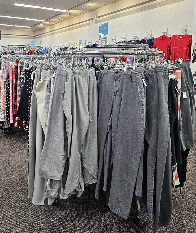 The pants section offers everything from barely-worn business attire to that perfect pair of jeans that feels like they were waiting for you.