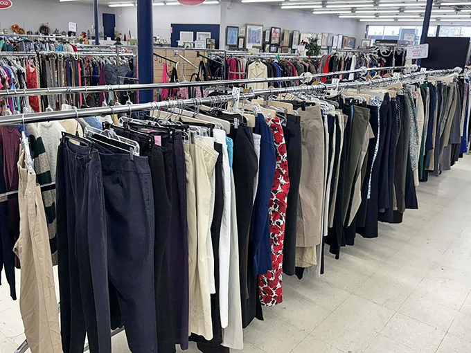 The pants section: a denim democracy where designer jeans rub fabric with everyday workwear in perfect harmony.