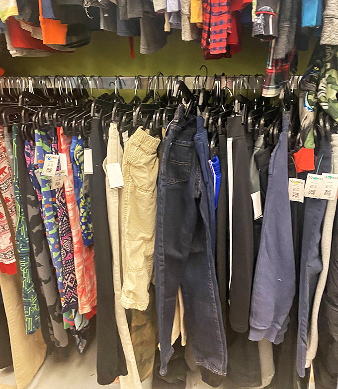 The pants section: where denim dreams and khaki fantasies come true without emptying your wallet.