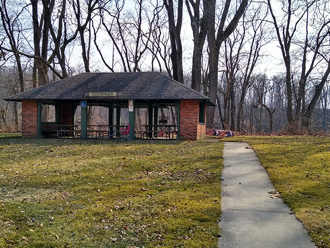 This brick picnic shelter has weathered more family gatherings than your favorite aunt, and it's still standing strong for the next reunion.