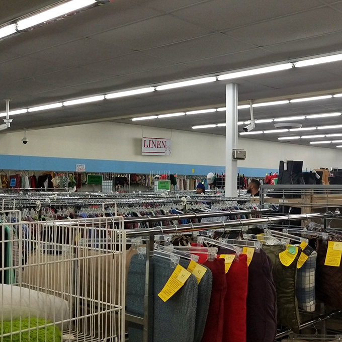 The linens section stretches into the distance, color-coded tags announcing special deals for the eagle-eyed bargain hunter.