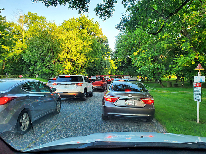 The pre-show pilgrimage to Bengies' entrance. Cars line up like faithful worshippers at the temple of cinema under Maryland's green canopy.
