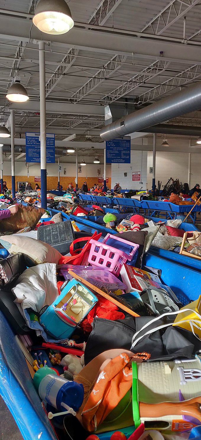 A kaleidoscope of discarded possibilities. Each bin tells a hundred stories of past lives, future potential, and the curious journey of our material possessions.