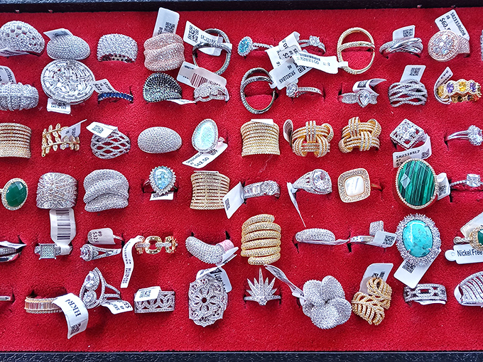 A red velvet showcase of sparkle and shine, where fingers find their perfect match without the jewelry store intimidation factor.