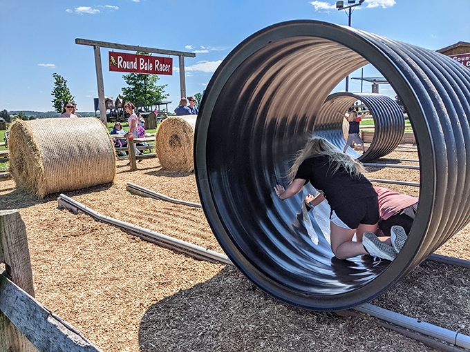 The Round Bale Racer proves that farm equipment can double as playground equipment. Who knew drainage pipes could be this much fun?
