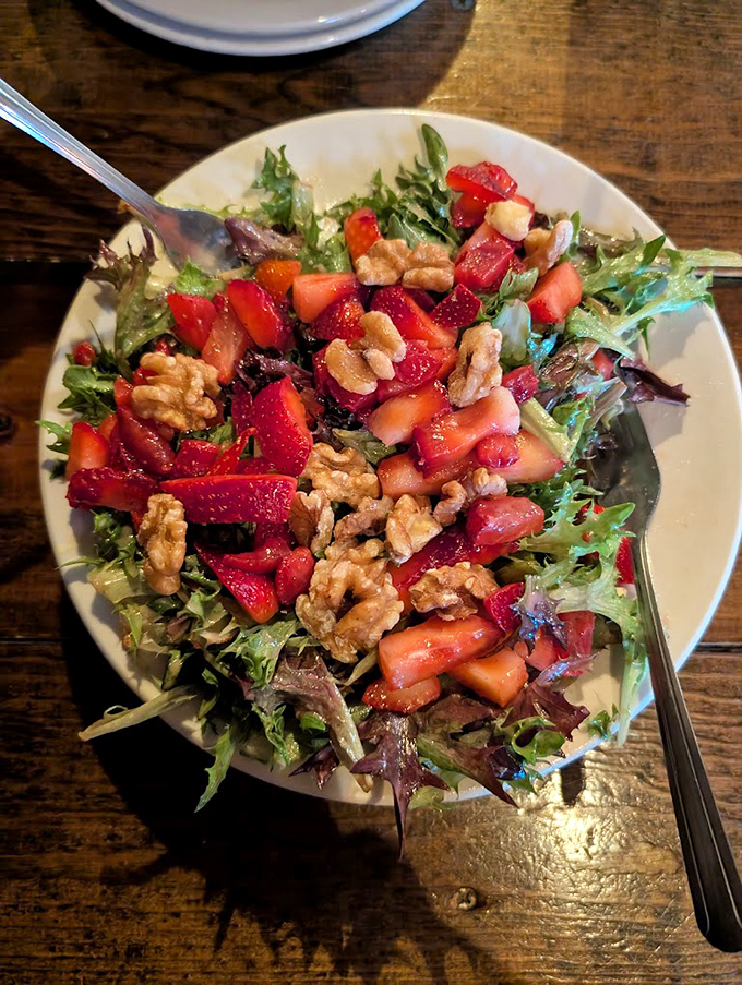 A salad that actually excites&mdash;mixed greens playing host to strawberries and walnuts. Even vegetable skeptics might be converted by this colorful arrangement.