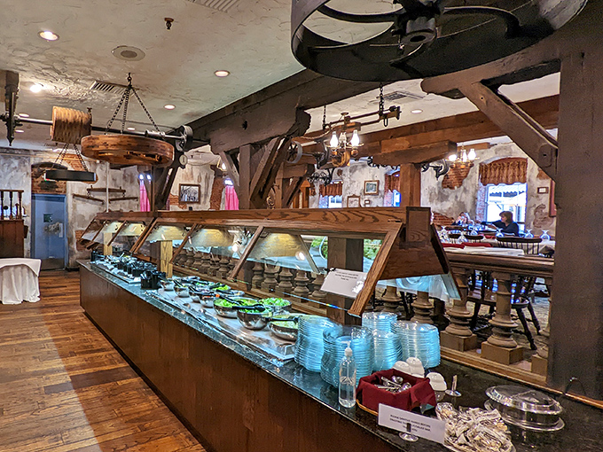 The salad bar nestled among original mill beams &ndash; where fresh ingredients meet industrial chic before that was even a thing.