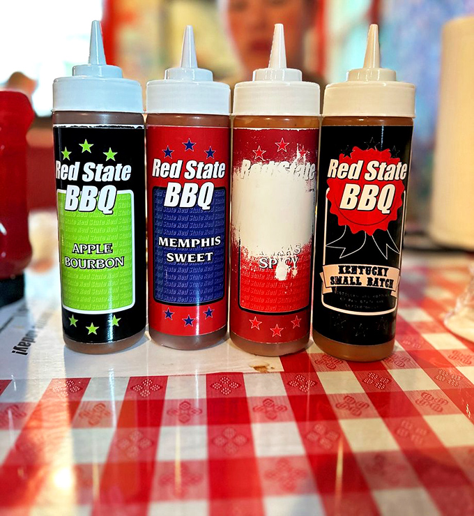 The sauce lineup&mdash;like selecting the right tool for a delicate job. Each bottle promises a different path to flavor enlightenment, no passport required.