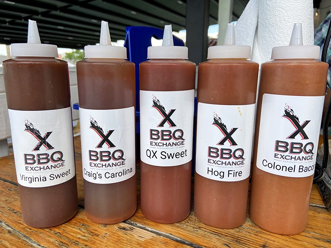 Sauce bottles lined up like flavor soldiers &ndash; from Virginia Sweet to Hog Fire &ndash; each ready to complement, never overwhelm, that precious smoke.