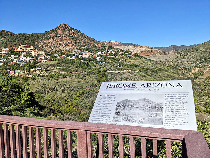 A historical marker frames the perfect introduction to Jerome, where a town seemingly painted onto the mountainside defies both logic and expectation.