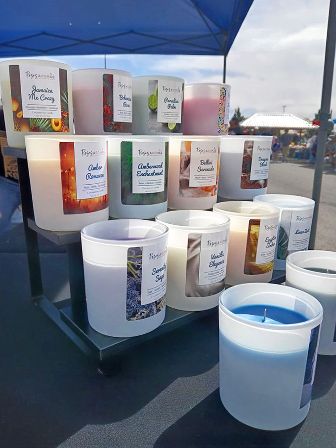 Scents of serenity in portable form. These handcrafted candles with names like "Jamaica Me Crazy" promise to transport you far beyond your living room.