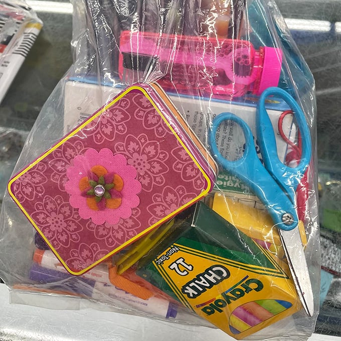 Crafting supplies bundled together like old friends at a reunion &ndash; that pink tin box probably remembers when scrunchies were cool the first time.