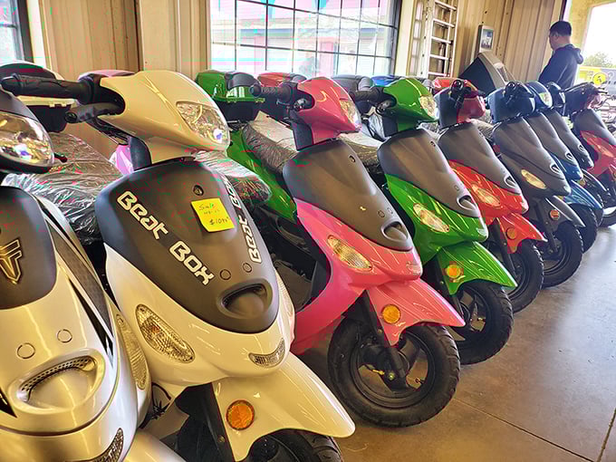 A rainbow fleet of scooters stands at attention, ready for urban adventures and practical commuting solutions.
