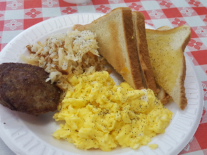 Scrambled eggs that achieve that elusive perfect texture&mdash;neither too dry nor too wet&mdash;paired with hash browns and toast for the breakfast of champions.