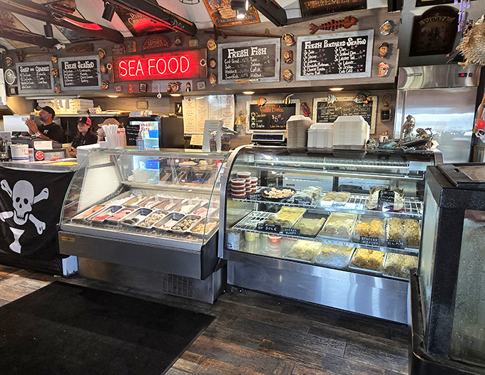 The seafood display case&mdash;where today's catch meets tomorrow's memories. Fresh possibilities await behind glass, like an aquatic jewelry store.